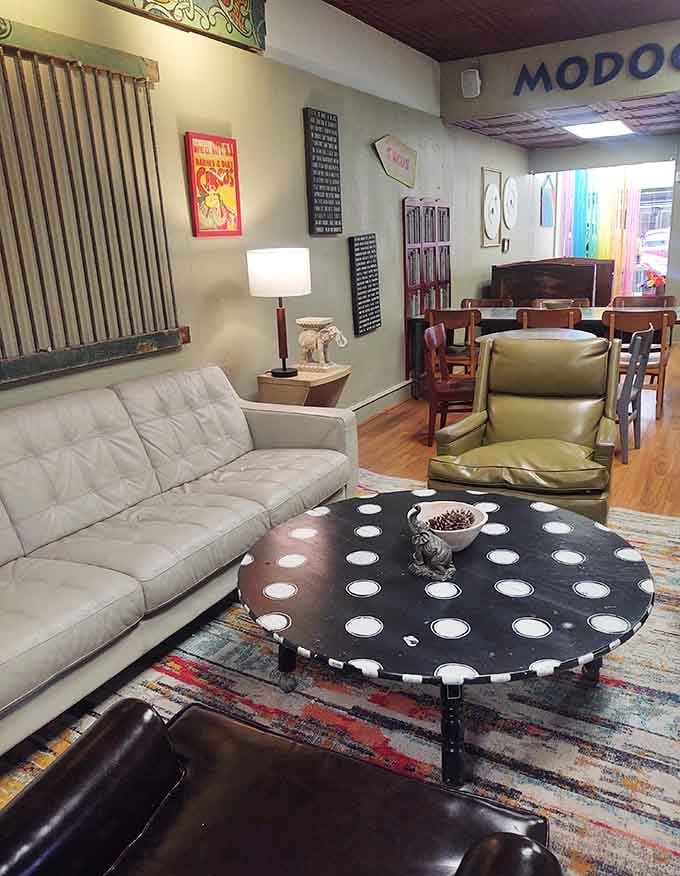 Mismatched furniture arranged with the kind of cozy intention that makes you want to cancel your afternoon plans.