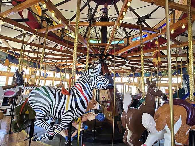 Hand-carved zebras and creatures spin to calliope music, bringing pure joy to anyone who remembers childhood carousel rides fondly.