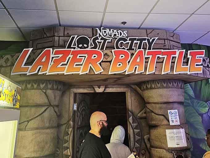 Laser tag adventures await behind this entrance, where kids become action heroes in their own movies.