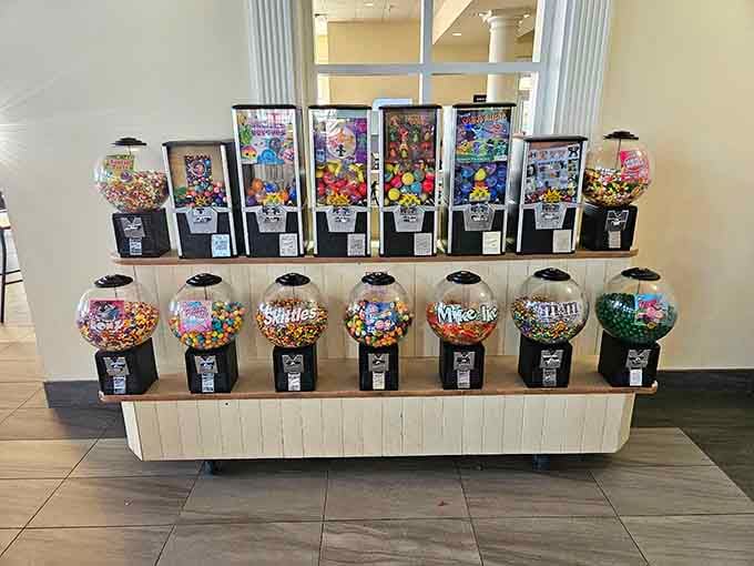 Vintage-style candy dispensers add whimsical charm while tempting your inner child with colorful sugar-coated nostalgia bombs.