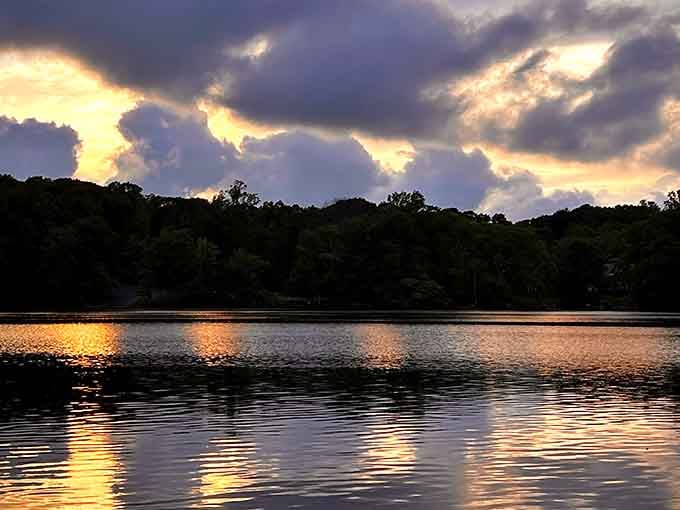 Sunset over the lake delivers the kind of golden hour lighting that makes amateur photographers feel like professionals.