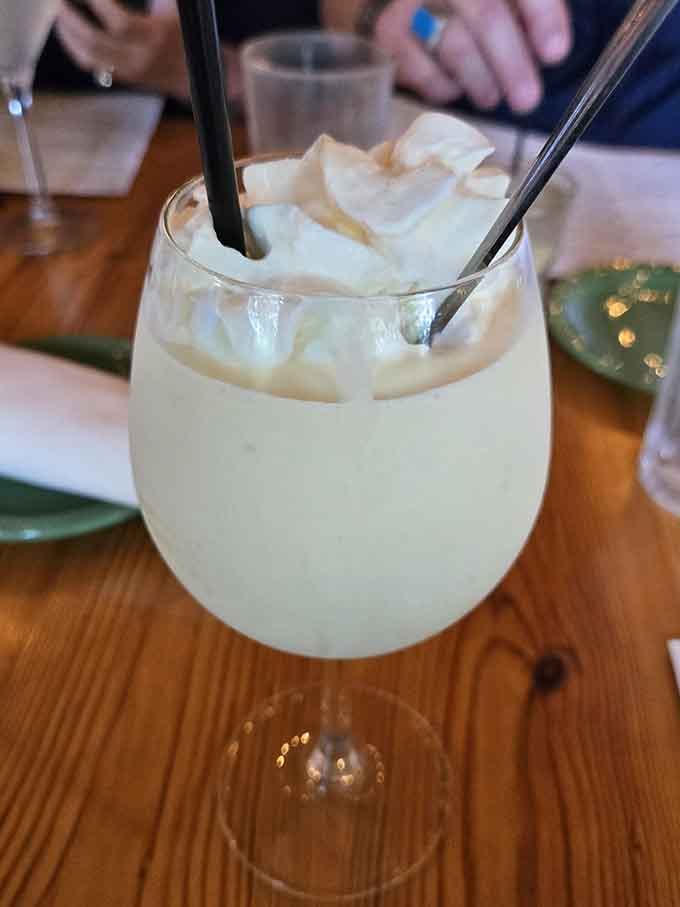 Creamy and frosty in a stemmed glass, this cocktail looks like summer vacation tastes, refreshing and utterly irresistible.