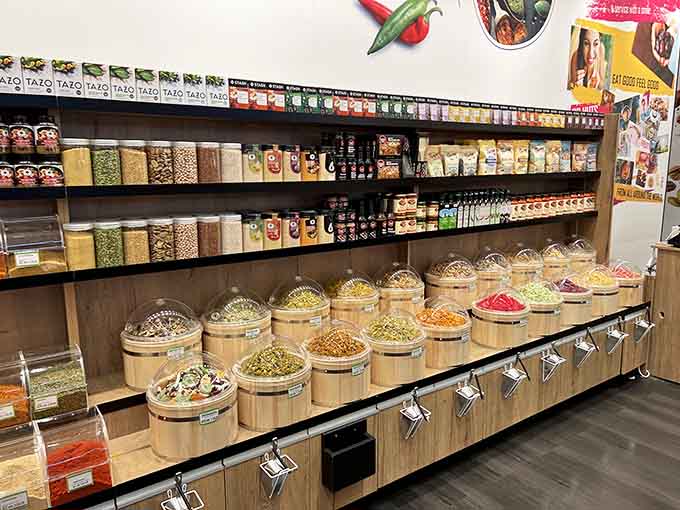 Bulk bins and packaged goods living together in perfect harmony, like a candy store version of world peace.