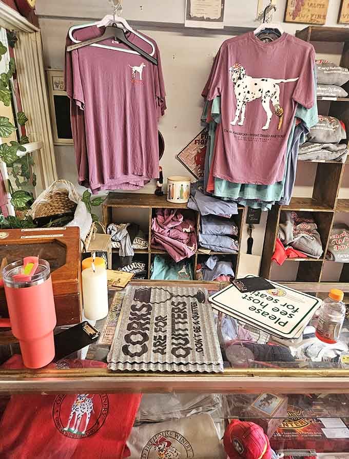 Even the merchandise display has personality, because why shouldn't your t-shirt shopping involve wine and candles?