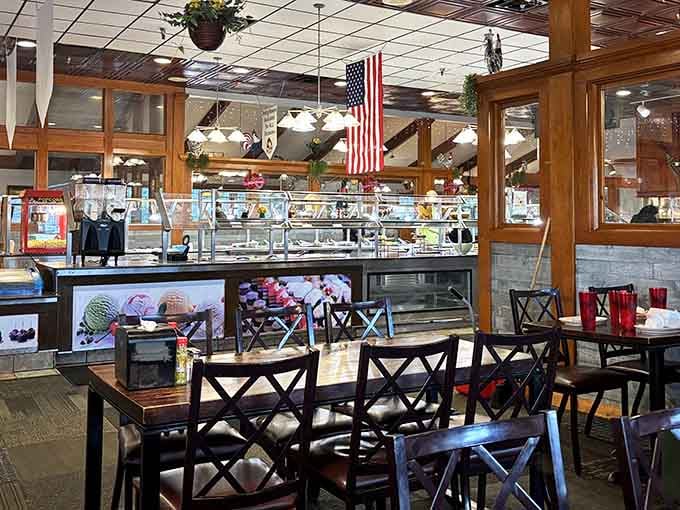 Spacious dining room with wood accents and comfortable seating where you can settle in for serious eating business.