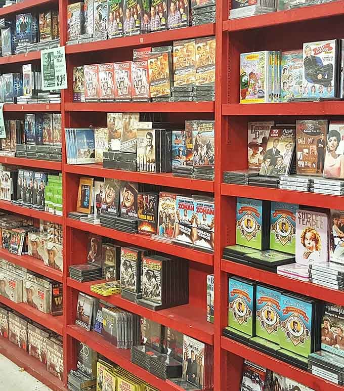 DVDs and entertainment options lining the shelves, because streaming subscriptions aren't the only way to enjoy movie night.