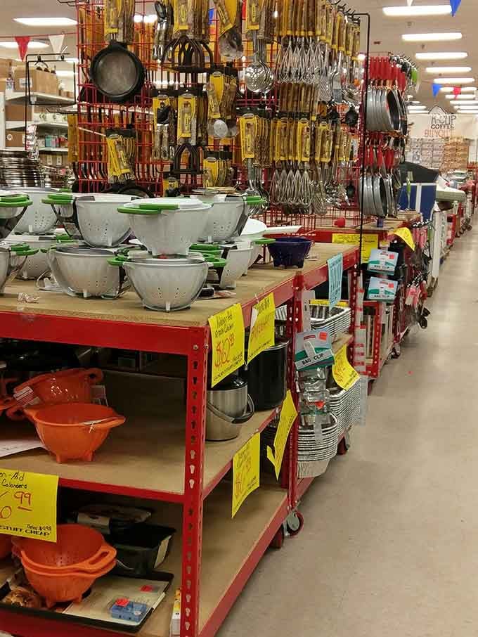 Kitchen tools hanging like a culinary arsenal, ready to equip your cooking adventures at bargain-basement prices.
