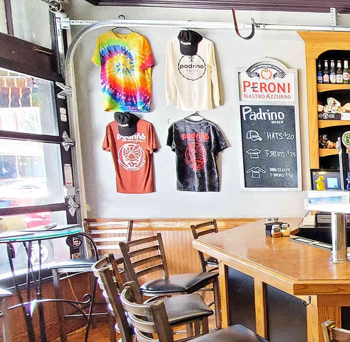 Restaurant merchandise displayed proudly, because when the food's this good, you want the t-shirt too.