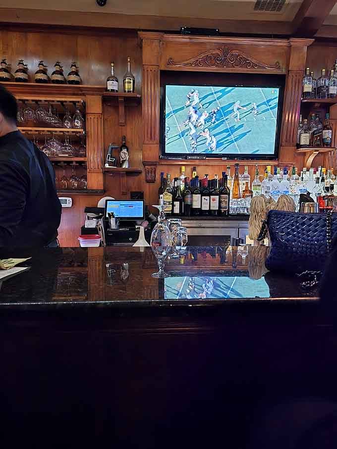 The bar gleams with promise, fully stocked and ready for game day or date night.