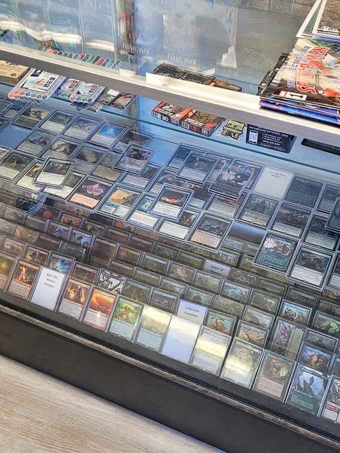Trading cards displayed behind glass hold treasures that might fund your retirement if you're lucky and patient enough.