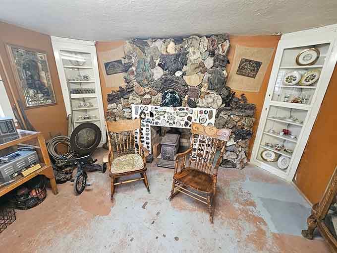Inside, a rock fireplace anchors a cozy room where geology meets homey comfort in surprisingly harmonious fashion.