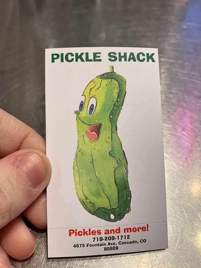 A business card featuring their happy pickle mascot is almost too cute to file away and forget.