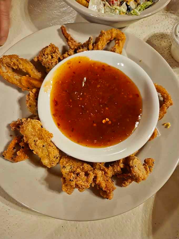 Crispy calamari with sweet chili sauce brings a touch of coastal flavor to the Georgia countryside.