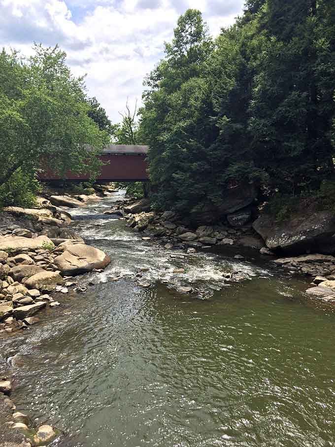 That covered bridge crossing the creek creates a scene Norman Rockwell would've sketched between coffee and lunch.