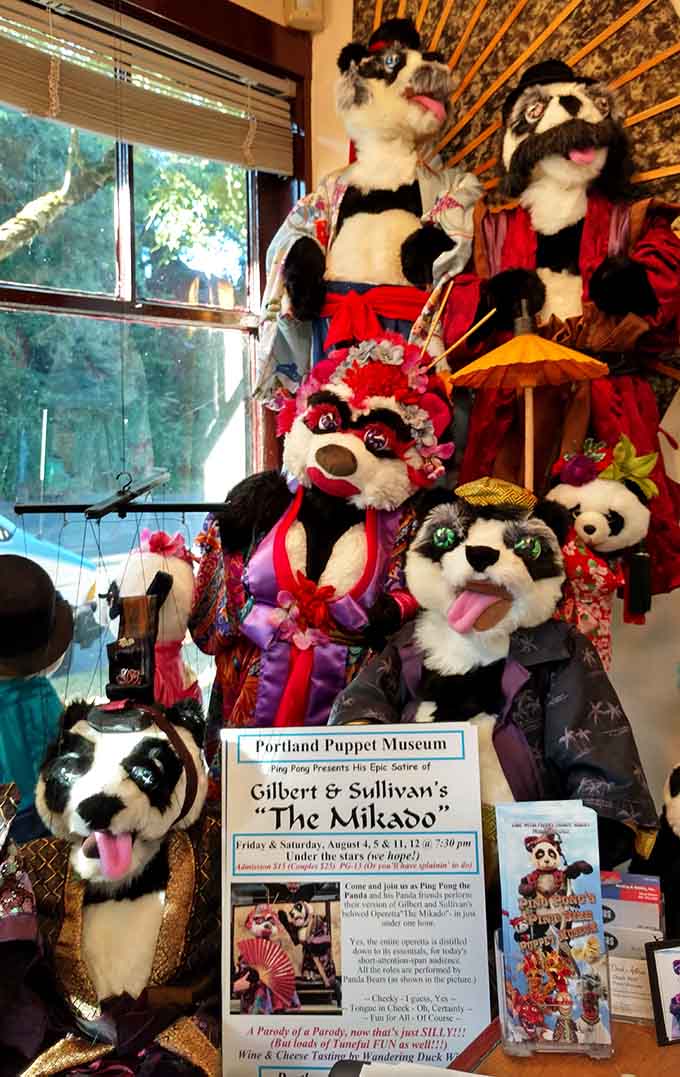 Gilbert and Sullivan's Mikado gets the panda treatment in this elaborate, eye-catching theatrical puppet production display.