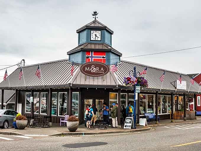 The Danish flag and clock tower announce this ice cream destination before your sweet tooth even starts demanding attention.