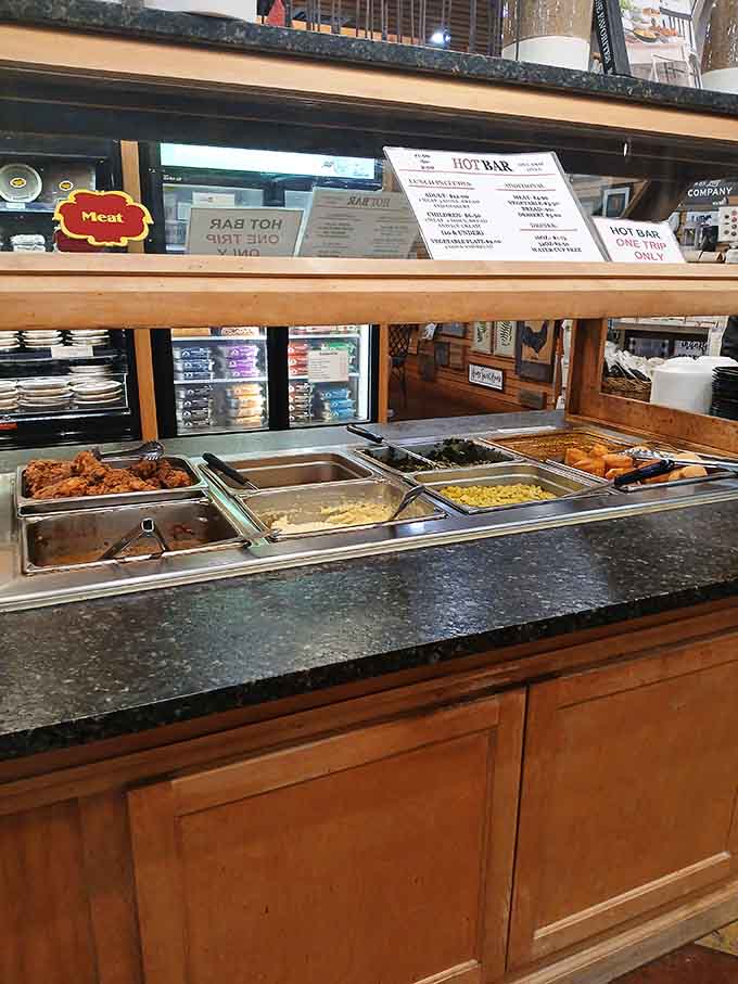 The hot bar offers savory options for those rare moments when you need a break from sweet.