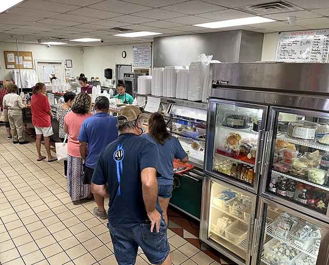 The line at the counter moves fast because everyone here knows exactly what they're doing, bless them.