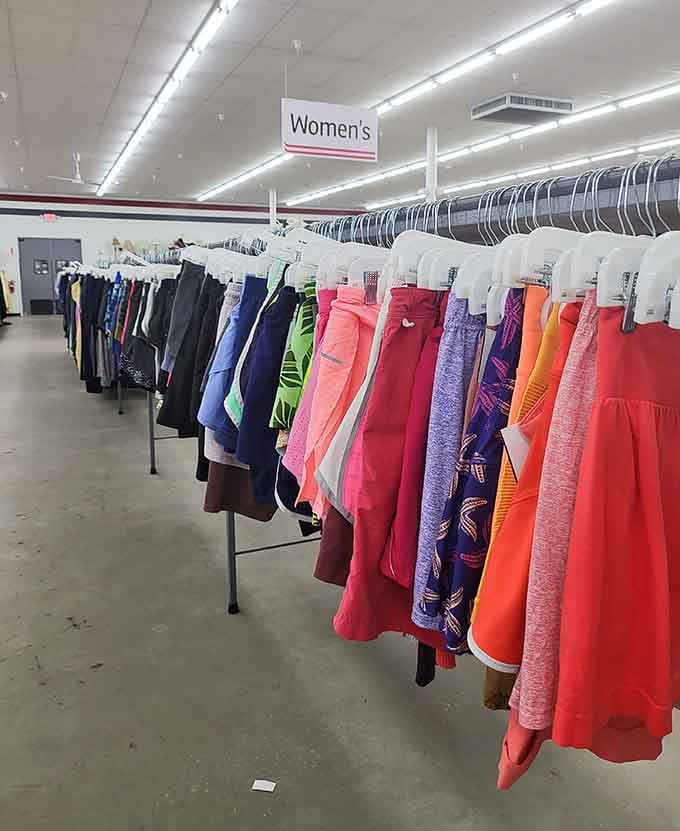 Colorful shorts hanging in perfect rows, ready to make your Florida summer wardrobe infinitely more interesting and affordable.