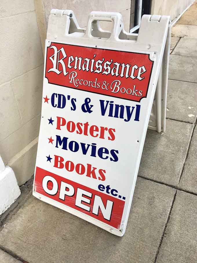 The sidewalk sign doesn't lie: CDs, vinyl, posters, movies, books, and that magical "etc." that could mean absolutely anything.
