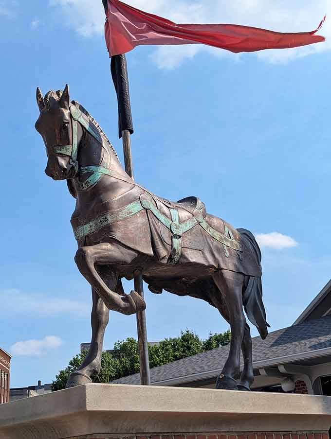 The majestic bronze steed outside strikes a pose that would make the Lone Ranger jealous of its permanent gallop.