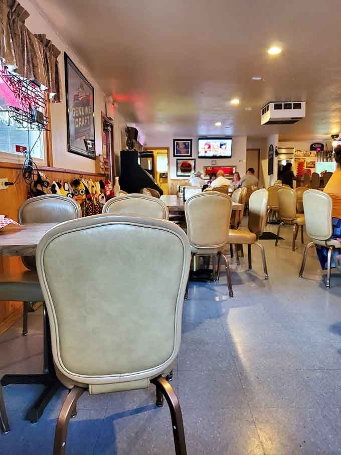 Comfortable seating and wood everywhere, this dining room understands that atmosphere matters as much as food does.