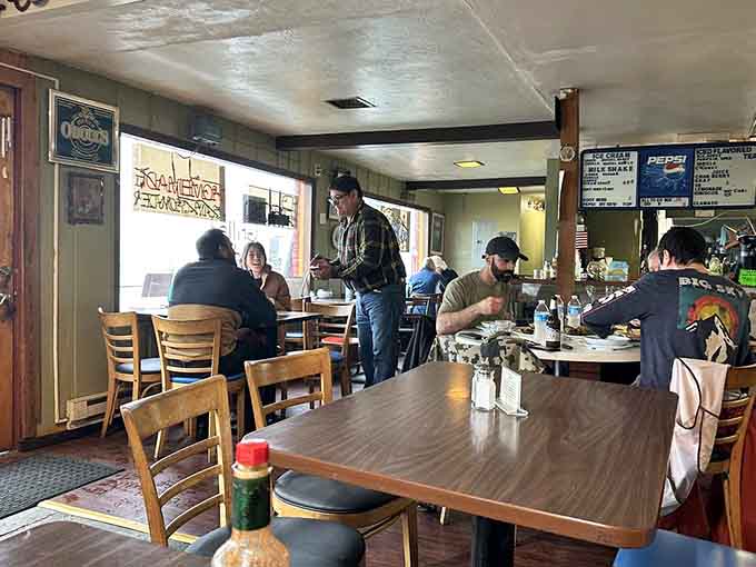 Real people enjoying real food in a real restaurant, no pretense required at this table.
