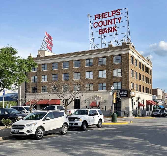 That vintage rooftop signage stands proud like a beacon from Rolla's banking history still serving today.