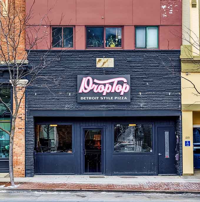 DropTop Pizza's sleek storefront signals that Detroit-style pizza has found a worthy home beyond the city limits.