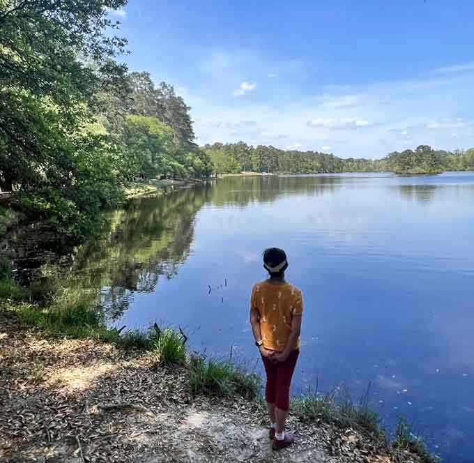 Someone gazing across the glassy water has found the kind of peace that meditation apps keep promising but rarely deliver.