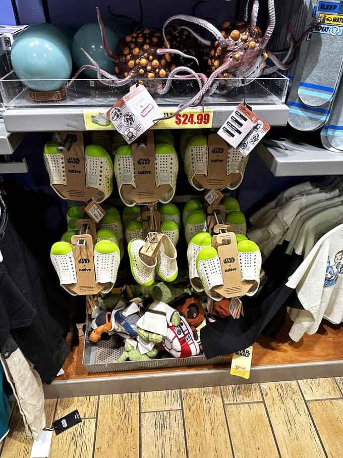 Colorful slip-on shoes dangle playfully, offering comfort for feet that have walked miles through this retail wonderland today.