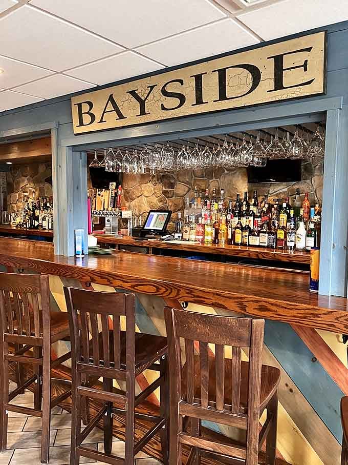 The Bayside bar area where coastal charm meets inland hospitality in the most delightful way.
