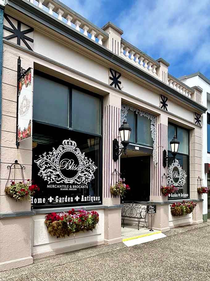 Bliss Mercantile's elegant facade and flower boxes suggest the refined treasures waiting inside for discerning collectors with impeccable taste.
