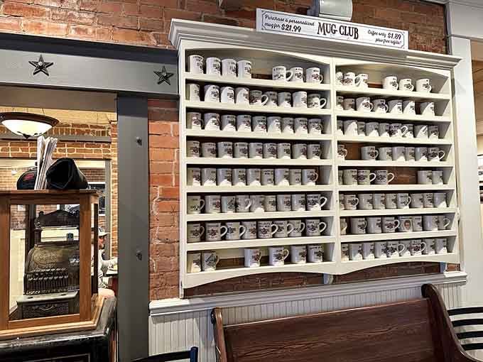 The mug club wall displays decades of loyal customers who've earned their permanent spot in breakfast history here.