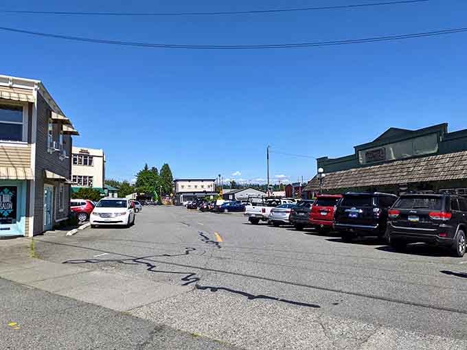 Parked cars and wooden storefronts create a scene where locals actually shop downtown instead of fleeing to suburbs.