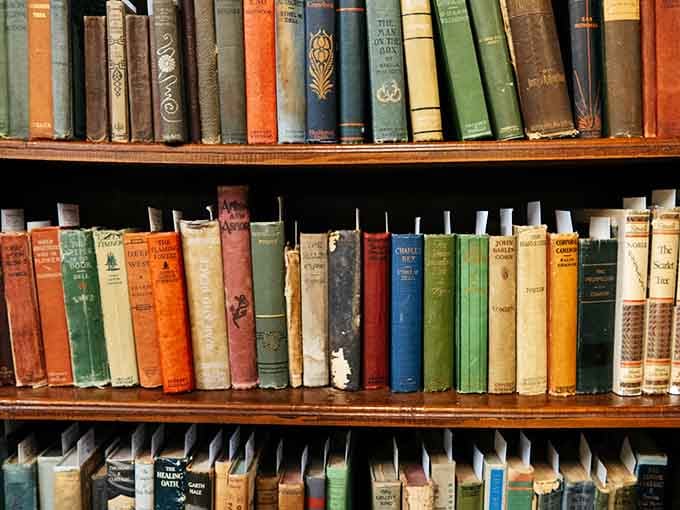 Vintage books line shelves in rainbow order, their worn spines holding stories from generations past inside.
