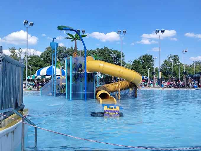 Yellow slides pop against blue sky like a postcard from the vacation happening in your own backyard.