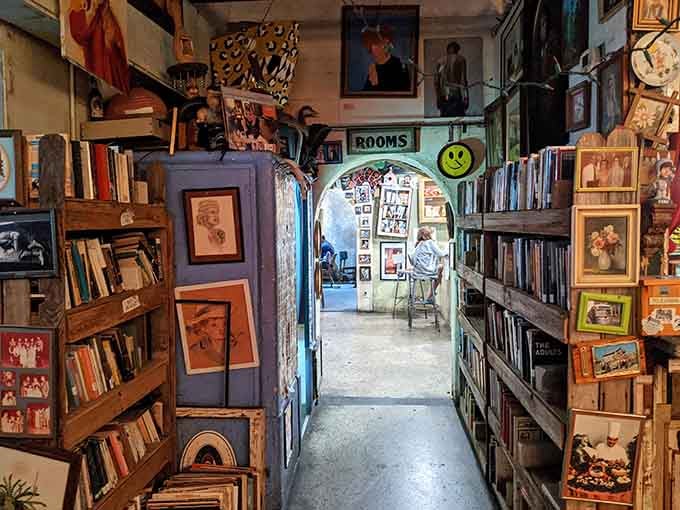 Shelves lined with books and videos create a browsing experience that feels refreshingly analog in our digital age.