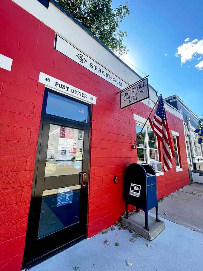 Stockholm's working post office keeps the mail moving in a building painted patriotic red, white, and blue with Swedish flair.