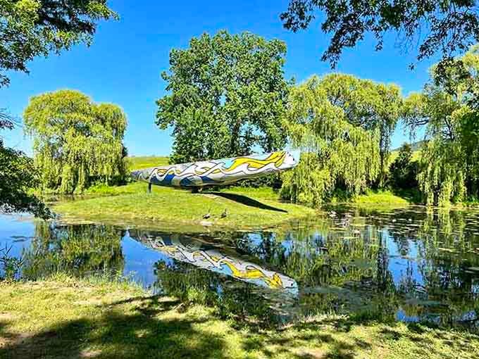 A painted boat hovering over water, defying gravity and making you question everything you know.