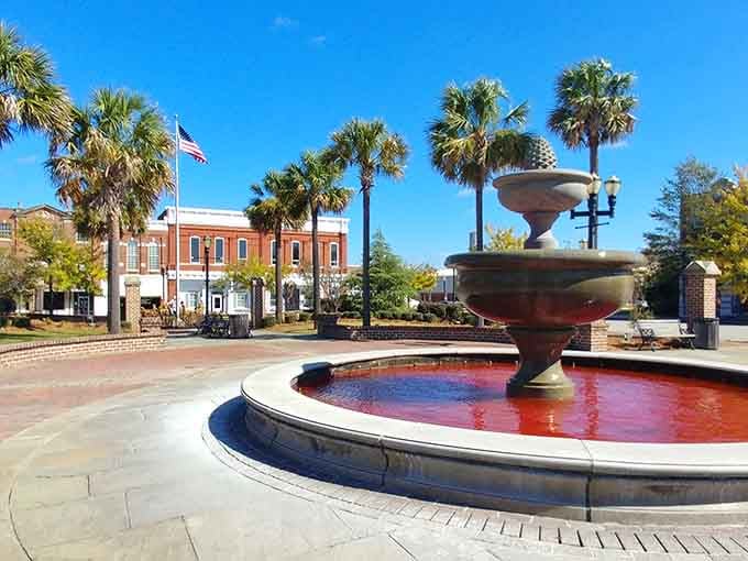 Palm trees and fountains create an oasis in the town square that feels surprisingly cosmopolitan.