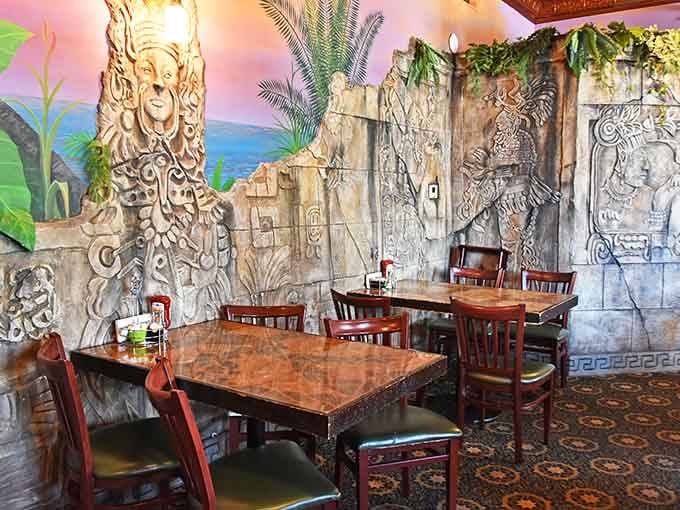 Murals and palm trees create an atmosphere where ancient civilizations would totally hang out together if they could.