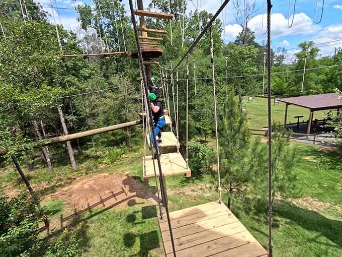 Swinging wooden planks test your balance and nerve, offering that perfect blend of challenge and achievable triumph.