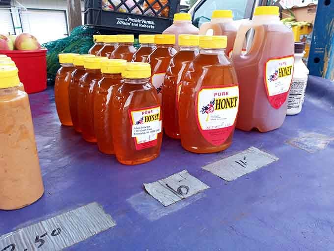 Local honey in every shade of amber, proof that Wisconsin bees have excellent taste in wildflowers and work ethic.