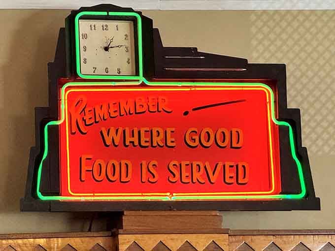 That glowing neon reminder about good food never goes out of style, unlike your collection of leisure suits.