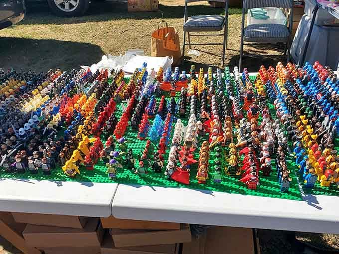 Tiny plastic heroes stand at attention like the world's smallest, most colorful army awaiting deployment orders.