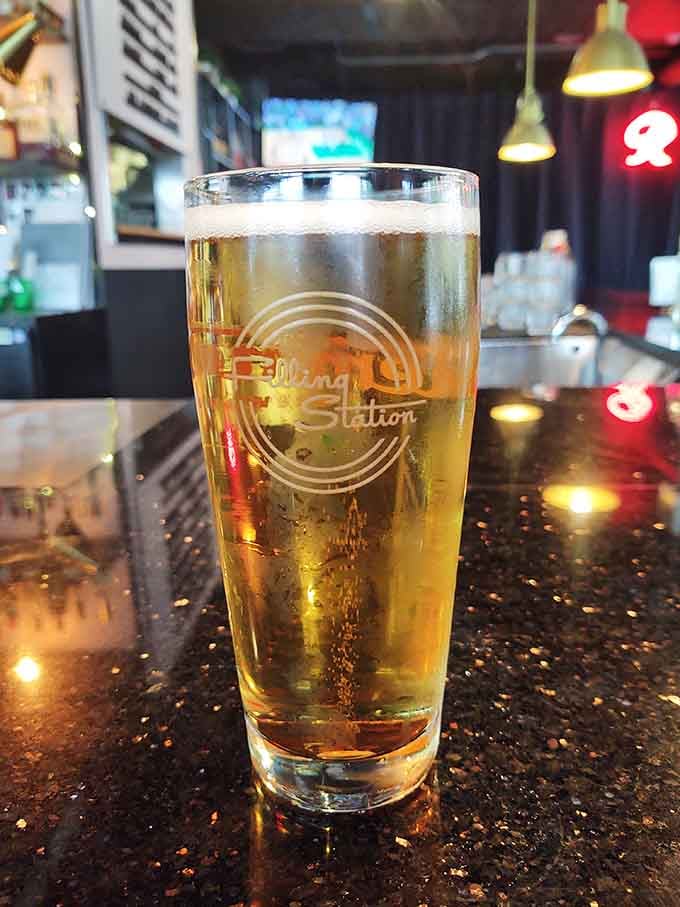 Even the glassware gets the vintage treatment here, making your cold beer taste somehow better than it already does.