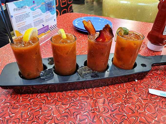Four variations of Bloody Mary perfection lined up like soldiers ready to cure whatever ails your morning.