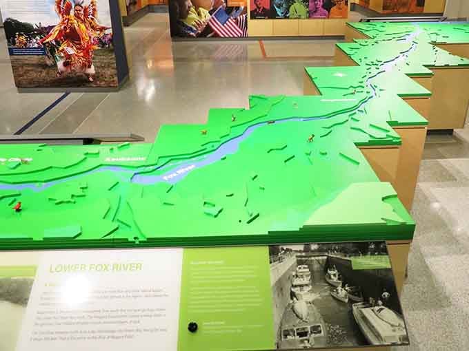 This topographical model shows how the Fox River's power transformed the valley into an industrial powerhouse of innovation.
