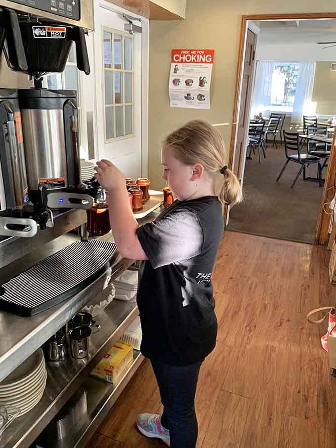 Self-serve coffee station means your cup stays full without awkward eye contact or frantic hand waving.